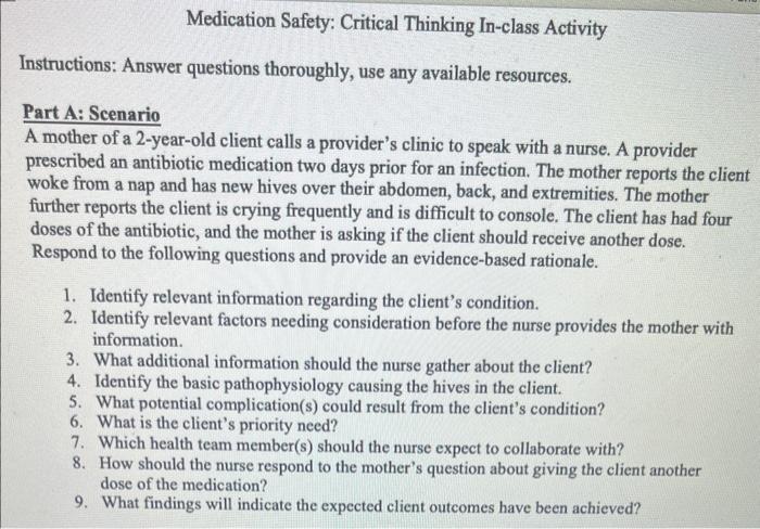 Solved Medication Safety: Critical Thinking In-class | Chegg.com