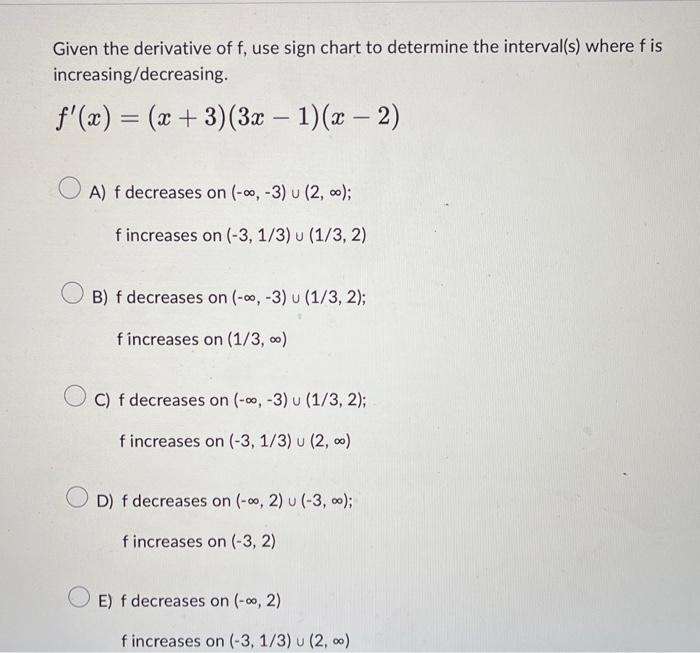 Solved Given the derivative of f, use sign chart to | Chegg.com