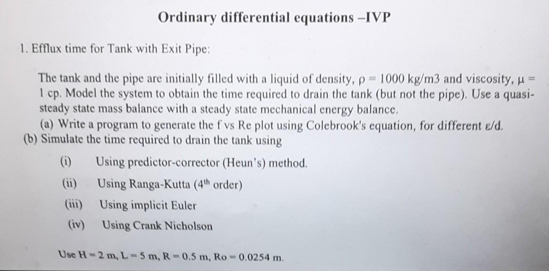 Solved Ordinary differential equations -IVP 1. Efflux time | Chegg.com