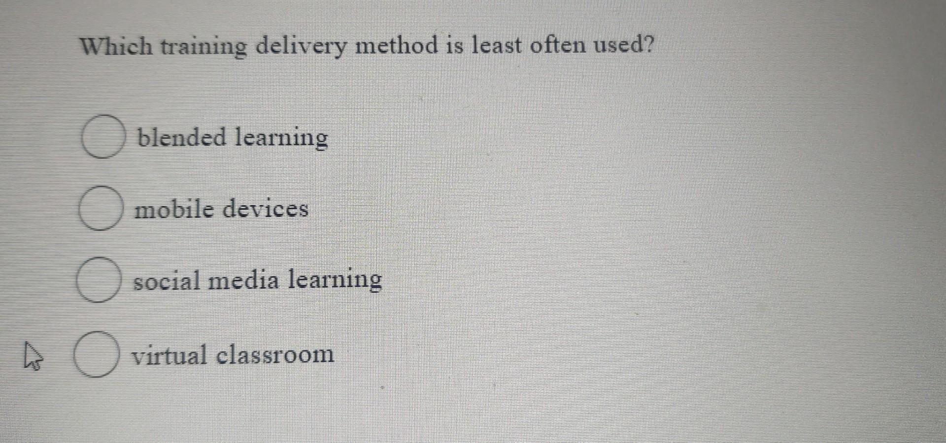 Solved Which training delivery method is least often used? | Chegg.com