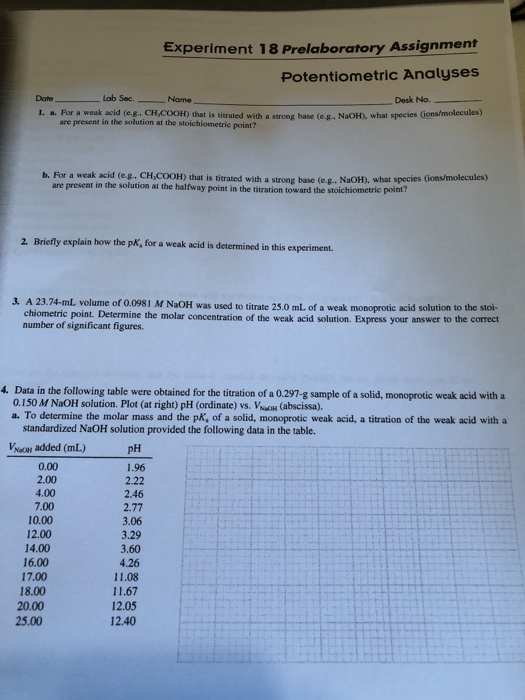 Solved Experiment 18 ﻿Prelaboratory AssignmentPotentiometric | Chegg.com