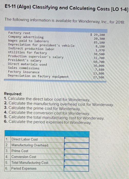 Solved E1-11 (Algo) Classifying and Calculating Costs [LO | Chegg.com