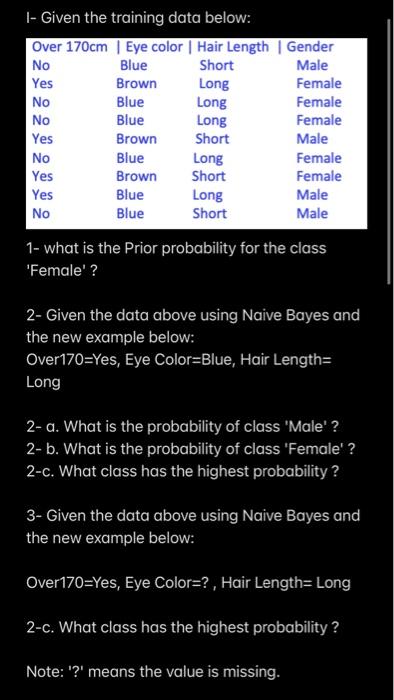 Solved I- Given the training data below: 1- what is the | Chegg.com