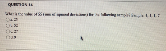 Solved QUESTION 14 What is the value of SS (sum of squared | Chegg.com
