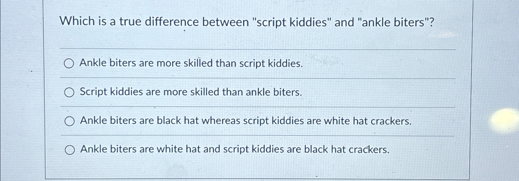 Solved Which is a true difference between "script kiddies" | Chegg.com