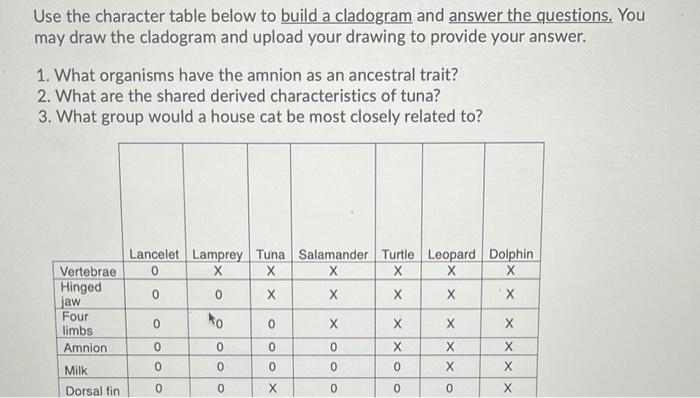 Solved Use the character table below to build a cladogram | Chegg.com