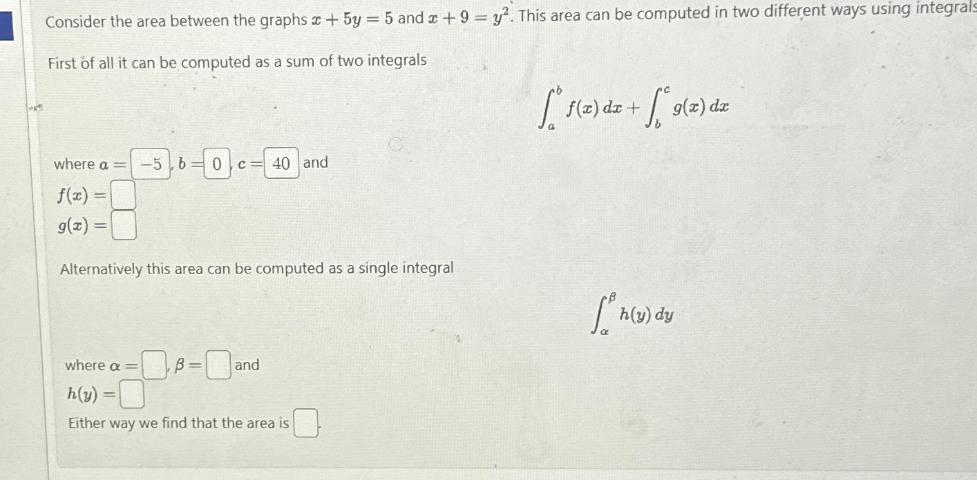 Solved Consider the area between the graphs x+5y=5 ﻿and | Chegg.com