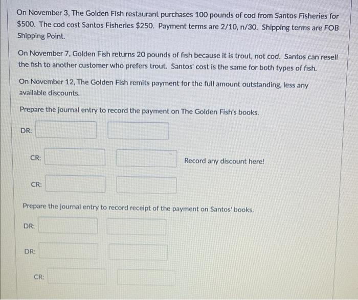 Solved On November 3, The Golden Fish restaurant purchases | Chegg.com
