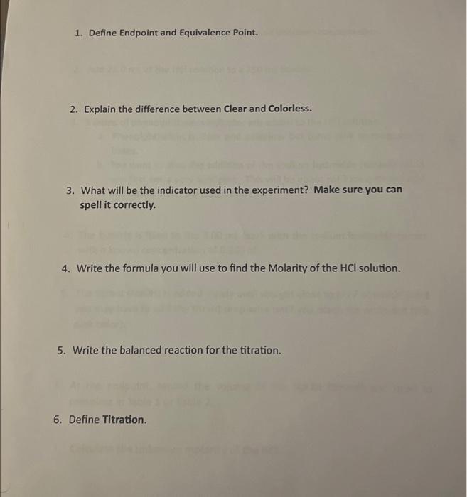 Solved 1. Define Endpoint and Equivalence Point. 2. Explain | Chegg.com