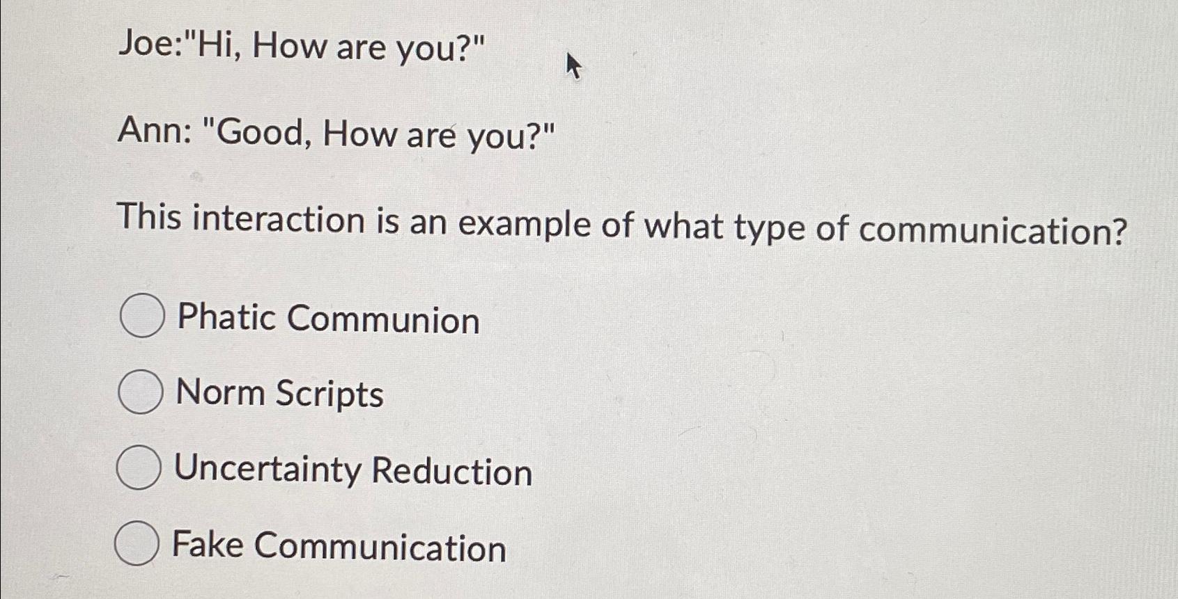 Solved Joe:"Hi, ﻿How are you?"Ann: "Good, How are you?"This | Chegg.com