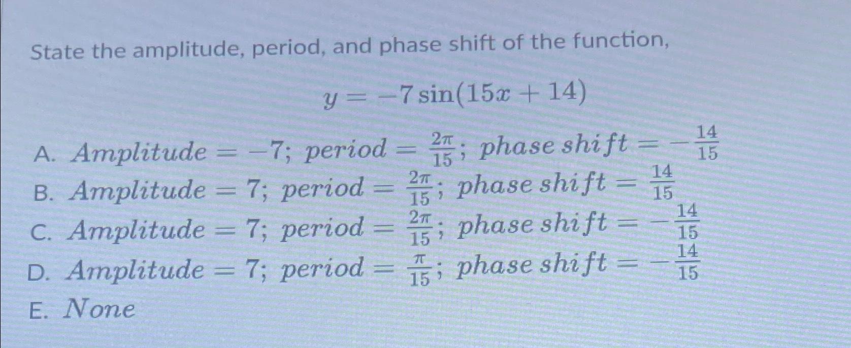 Solved State the amplitude, period, and phase shift of the | Chegg.com