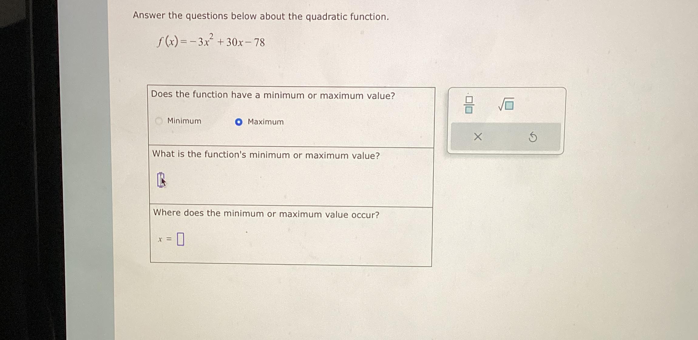 Solved Answer the questions below about the quadratic | Chegg.com