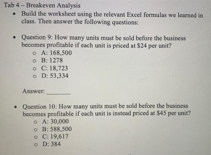 Solved ab 4-Breakeven Analysis - Build the worksheet using | Chegg.com