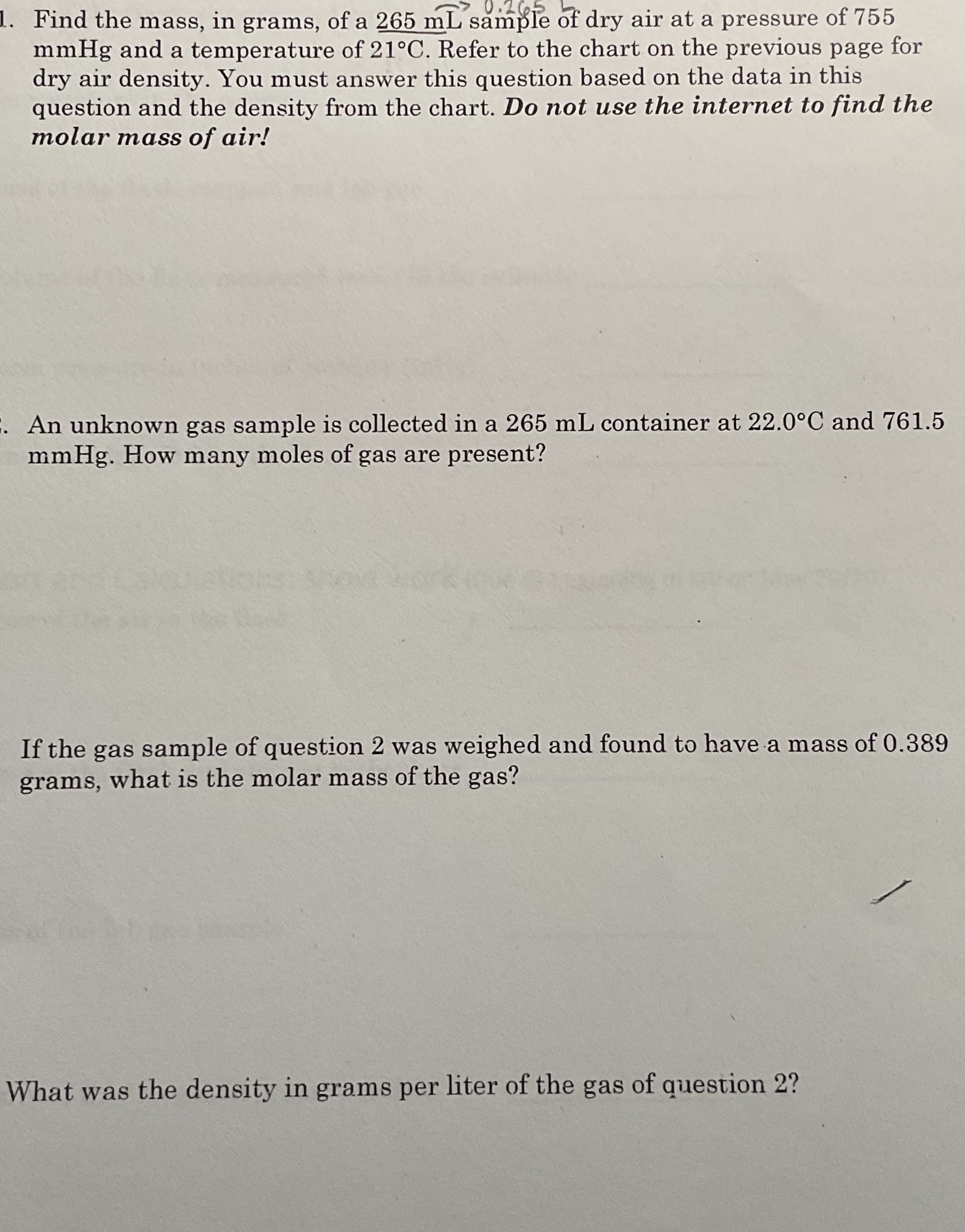 Find the mass, in grams, of a 265 ﻿mL sample of dry | Chegg.com
