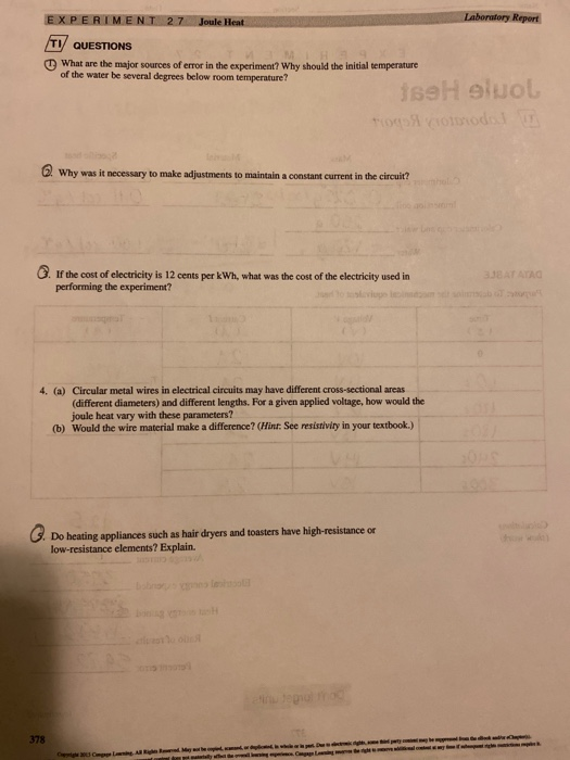 EXPERIMENT 27 Joule Heat Laboratory Report TI | Chegg.com