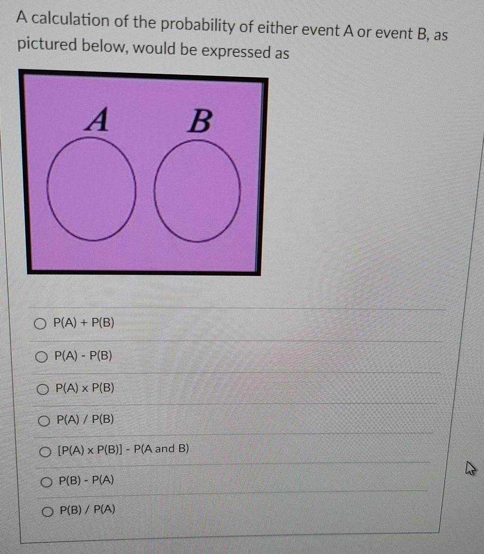 Solved A calculation of the probability of either event A or | Chegg.com