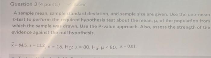 Solved A sample mean, sample standard deviation, and sample | Chegg.com