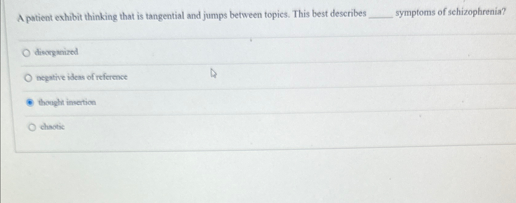 Solved A patient exhibit thinking that is tangential and | Chegg.com