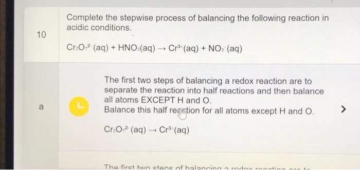 Solved Complete the stepwise process of balancing the | Chegg.com