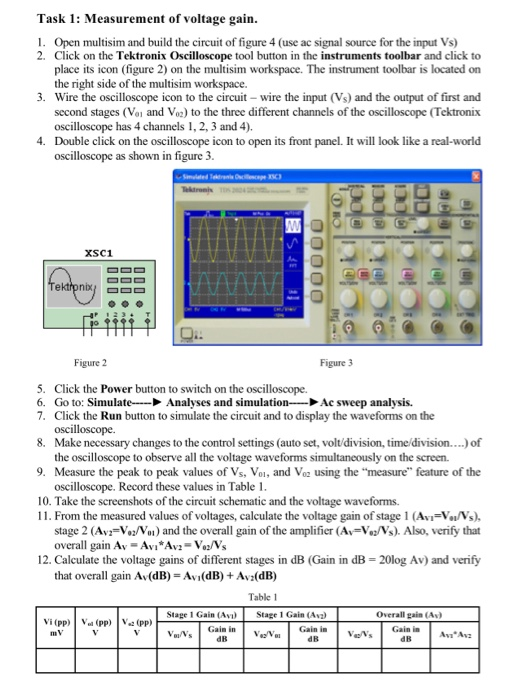 Task 1: Measurement of voltage gain. 1. Open multisim | Chegg.com