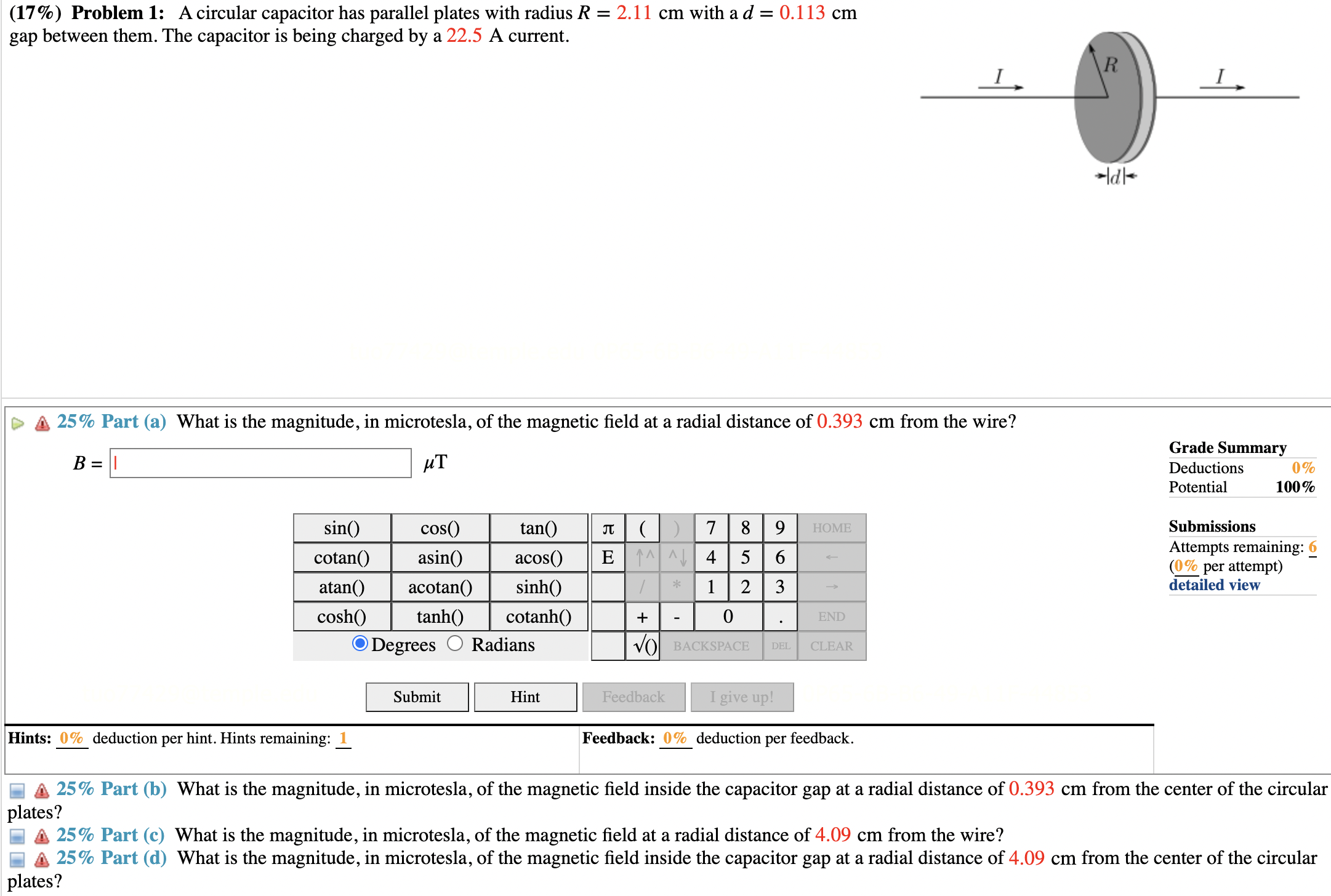 Solved (17%) ﻿Problem 1: A circular capacitor has parallel | Chegg.com
