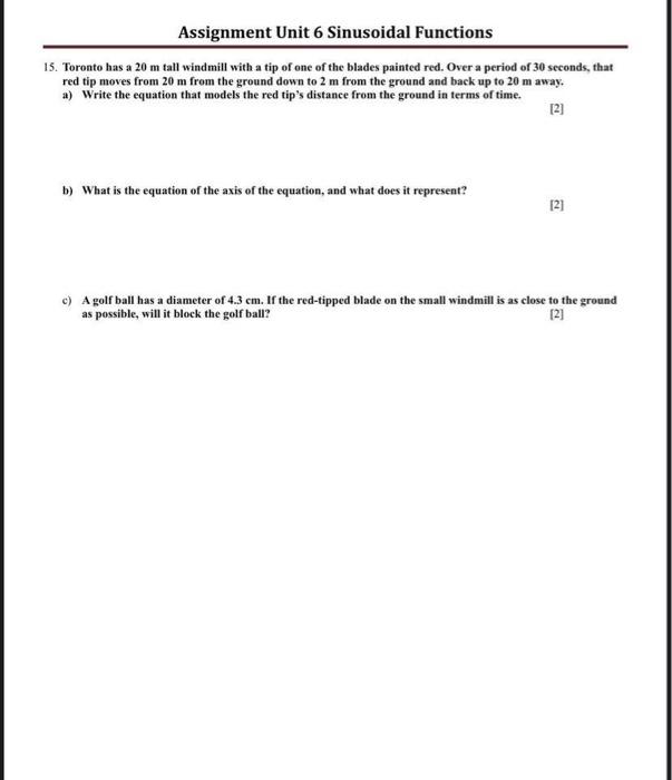 Solved Assignment Unit 6 Sinusoidal Functions 15. Toronto | Chegg.com