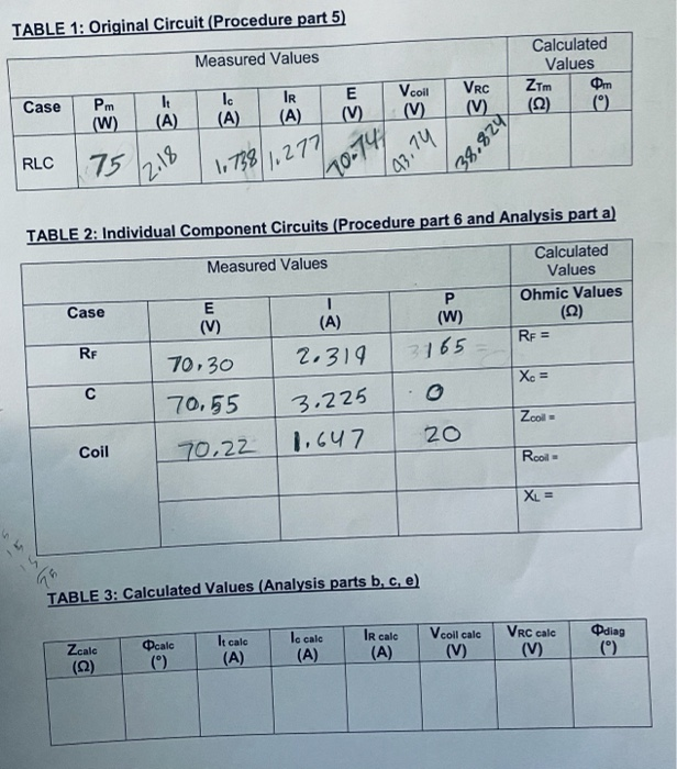 TABLE 1: Original Circuit (Procedure part 5) Measured | Chegg.com
