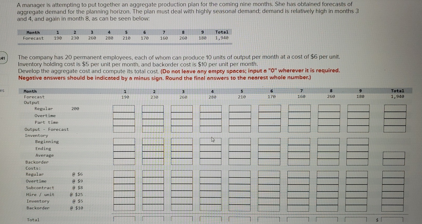 Solved A manager is attempting to put together an aggregate | Chegg.com