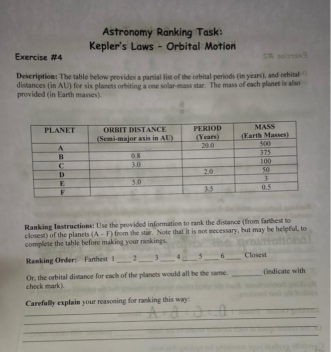 Solved Astronomy Ranking Task: Kepler's Laws - Orbital | Chegg.com