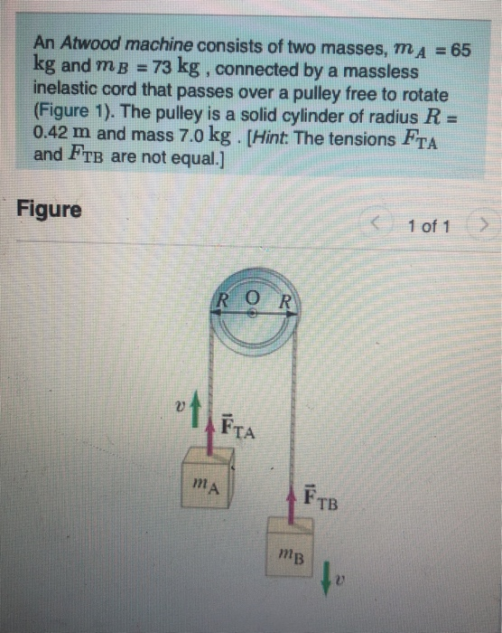 Solved An Atwood machine consists of two masses, mA = 65 kg | Chegg.com