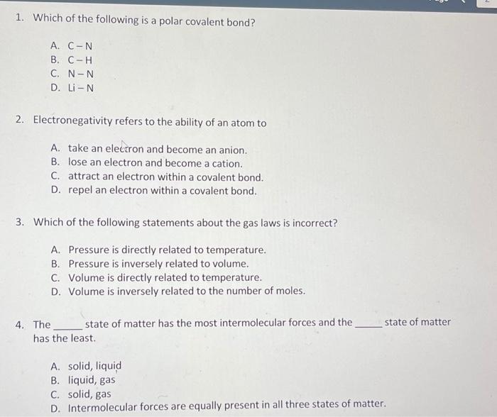 Solved 1. Which of the following is a polar covalent bond? | Chegg.com