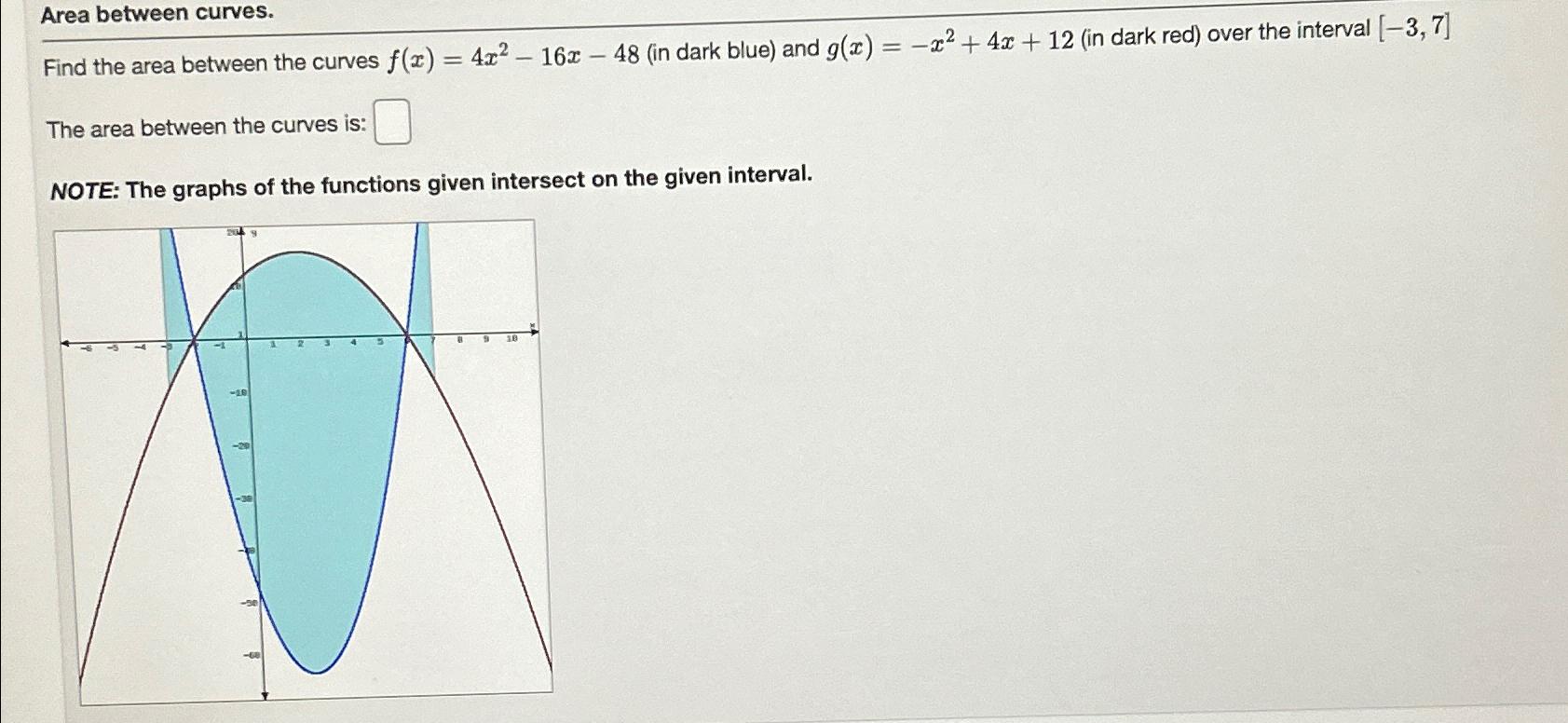 Solved Area between curves.Find the area between the curves | Chegg.com