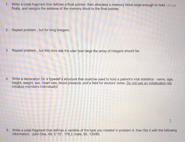 Solved I need help writing these 5 small fragments of code. | Chegg.com
