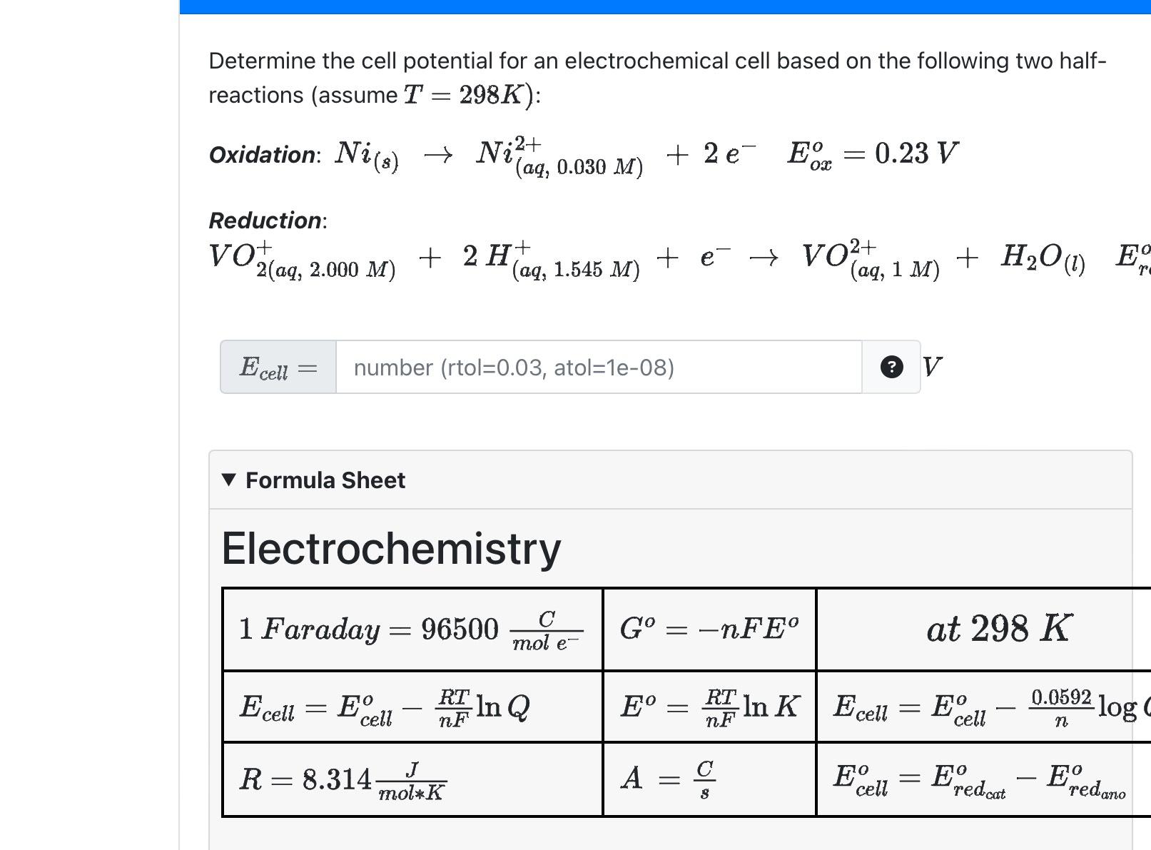 Solved Determine the cell potential for an electrochemical | Chegg.com