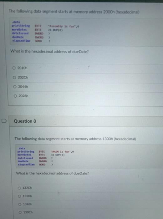 Solved The following data segment starts at memory address | Chegg.com