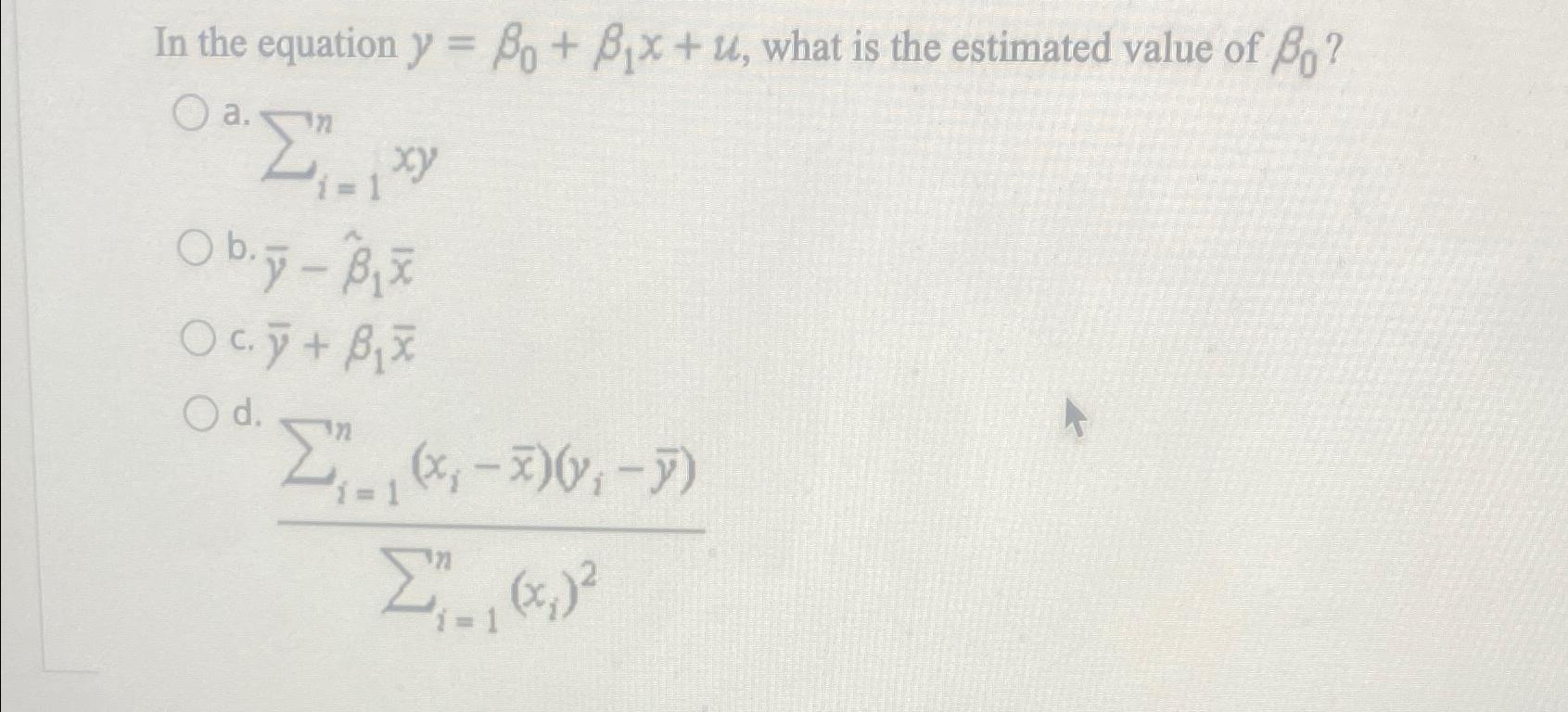 Solved In the equation y=\\\\beta _(0)+\\\\beta _(1)x+u, | Chegg.com
