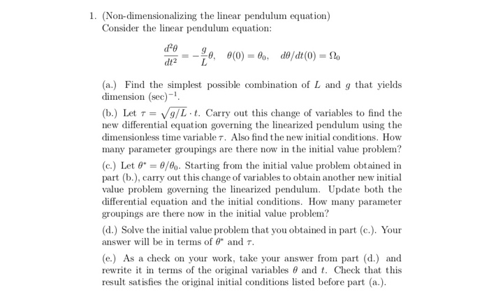 Solved 1 Non Dimensionalizing The Linear Pendulum Chegg