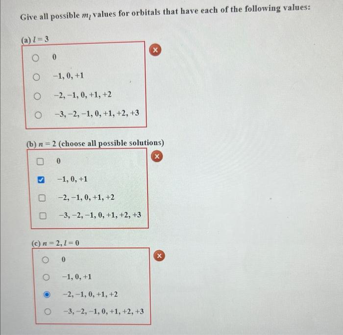 Solved Give all possible ml values for orbitals that have | Chegg.com
