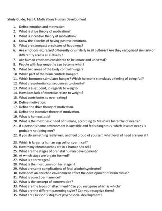 Solved Study Guide, Test 4, Motivation/ Human Development 1. | Chegg.com