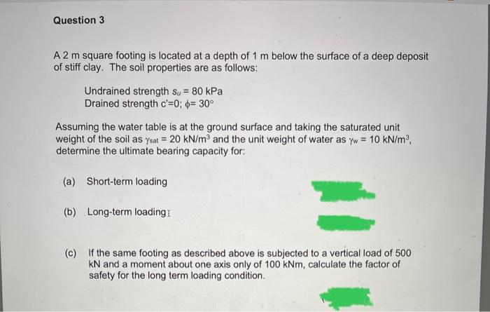 A 2 m square footing is located at a depth of 1 m | Chegg.com