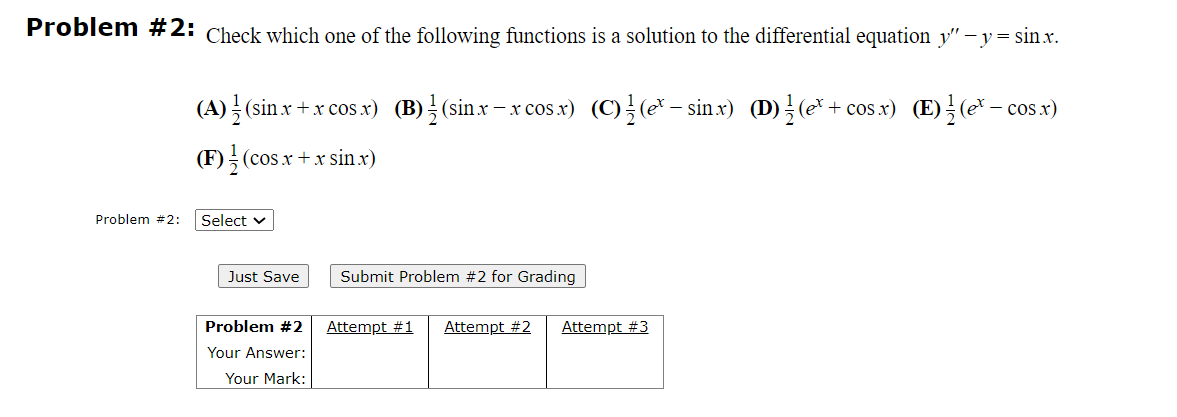 (F) 12(cosx+xsinx)Problem #2:Submit Problem #2 ﻿for | Chegg.com