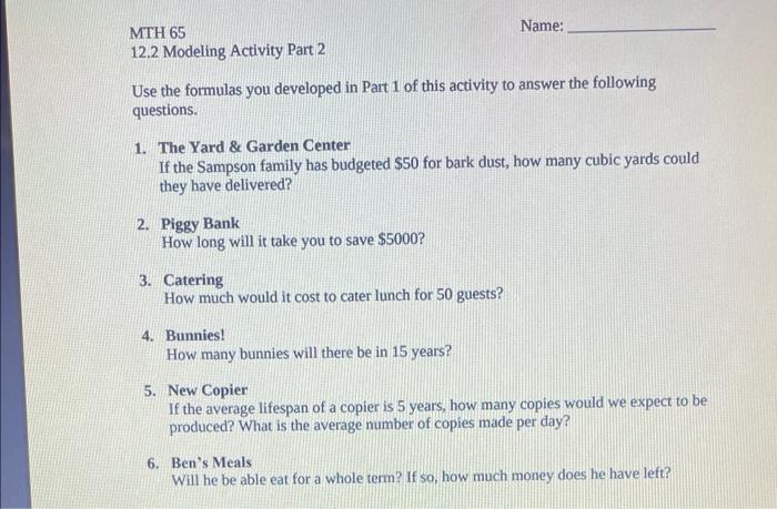 Solved 12.2 Modeling Activity Part 2 Use the formulas you | Chegg.com