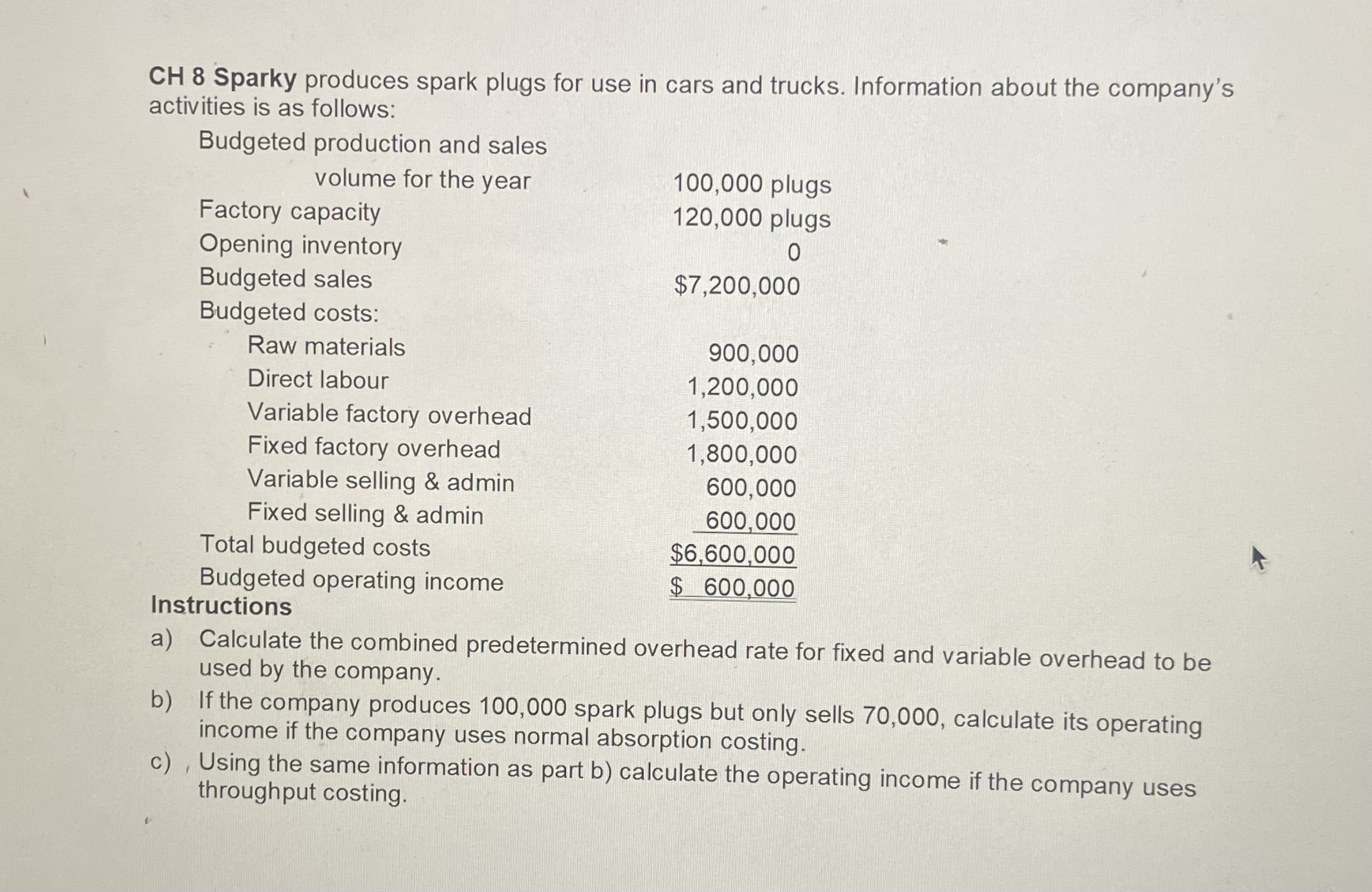 Solved CH 8 ﻿Sparky produces spark plugs for use in cars and | Chegg.com