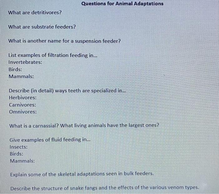 Solved Questions for Animal Adaptations What are | Chegg.com
