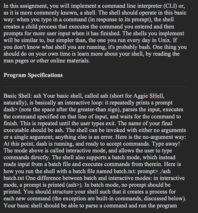 Unix Shell In this project, you'll build a simple | Chegg.com