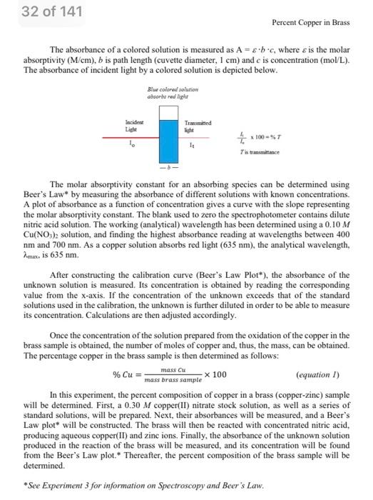 Experiment 4 Percent Copper in Brass OBJECTIVE: To | Chegg.com