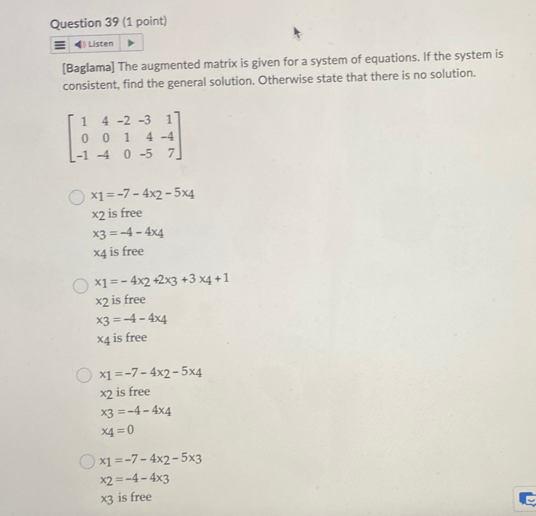 Solved Question 39 (1 ﻿point)Listen[Baglama] ﻿The augmented | Chegg.com