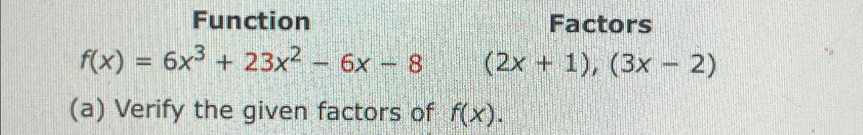 Solved FunctionFactorsf(x)=6x3+23x2-6x-8,(2x+1),(3x-2)(a) | Chegg.com
