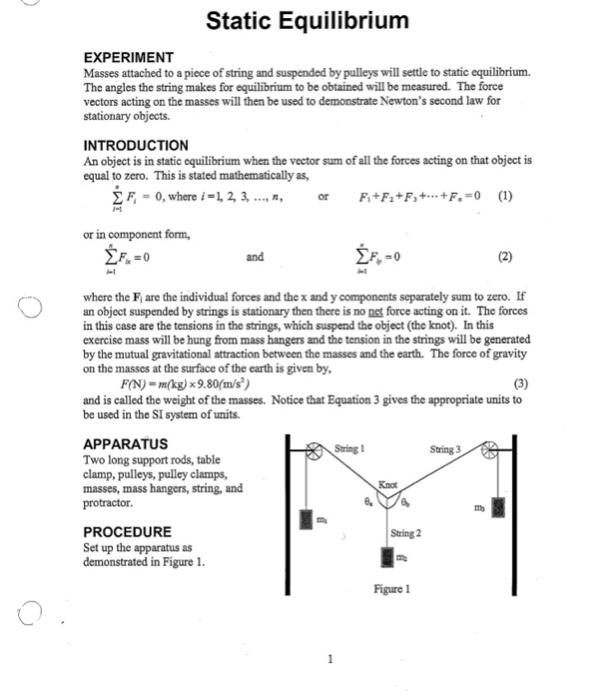 Static Equilibrium EXPERIMENT Masses attached to a | Chegg.com