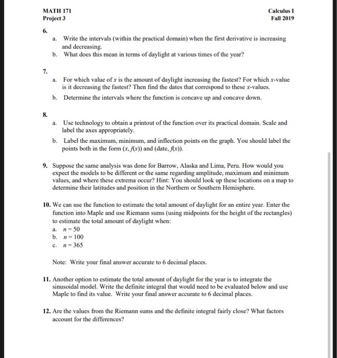 MATH 171 Calculus Project 3 Fall 2019 The following | Chegg.com